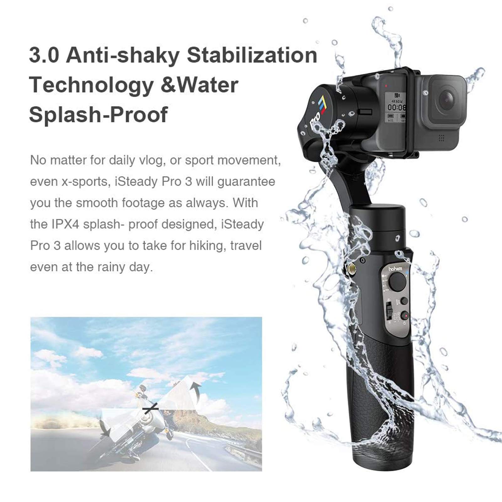 3-Axis Action Camera Gimbal Stabilizer for GoPro Hero 8/7/6/5/4/3, OSMO Action, Sony RX0, YI, SJCAM, Insta360 ONE R, WiFi Connection, Splash-Proof, 12H Battery Life, with Tripod, Hohem iSteady Pro 3