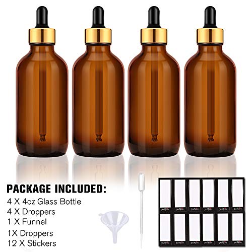 PrettyCare Eye Dropper Bottles 4 oz 4 Pack (Glass Bottles 120ml with Golden Caps, 12 Labels, Funnel & Measured Pipettes) Empty Tincture Bottles for Essential Oils (Amber)