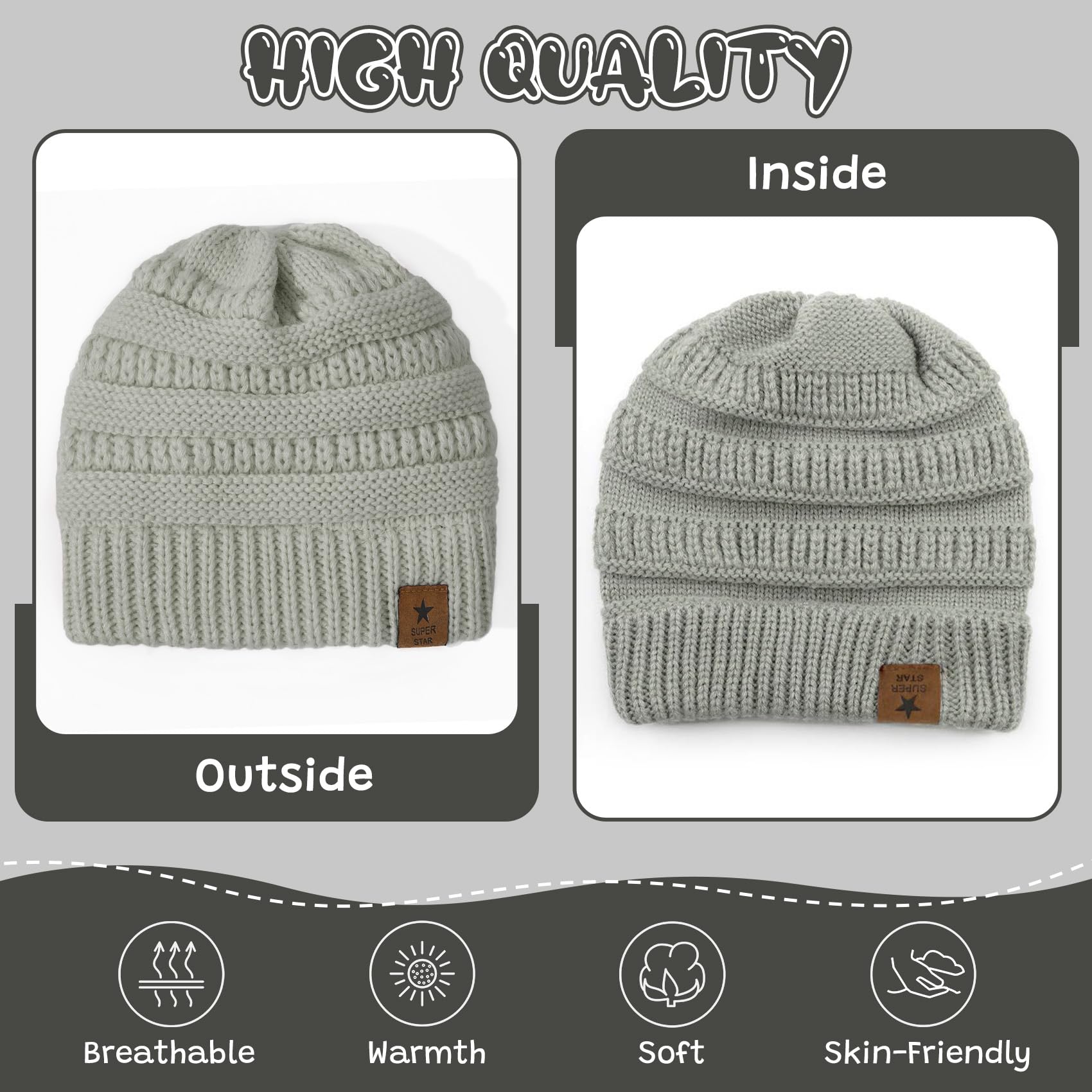 Durio Soft Warm Knitted Baby Hats Caps Cute Cozy Chunky Winter Infant Toddler Baby Beanies for Boys Girls 3 Pack Black & Light Grey & Navy