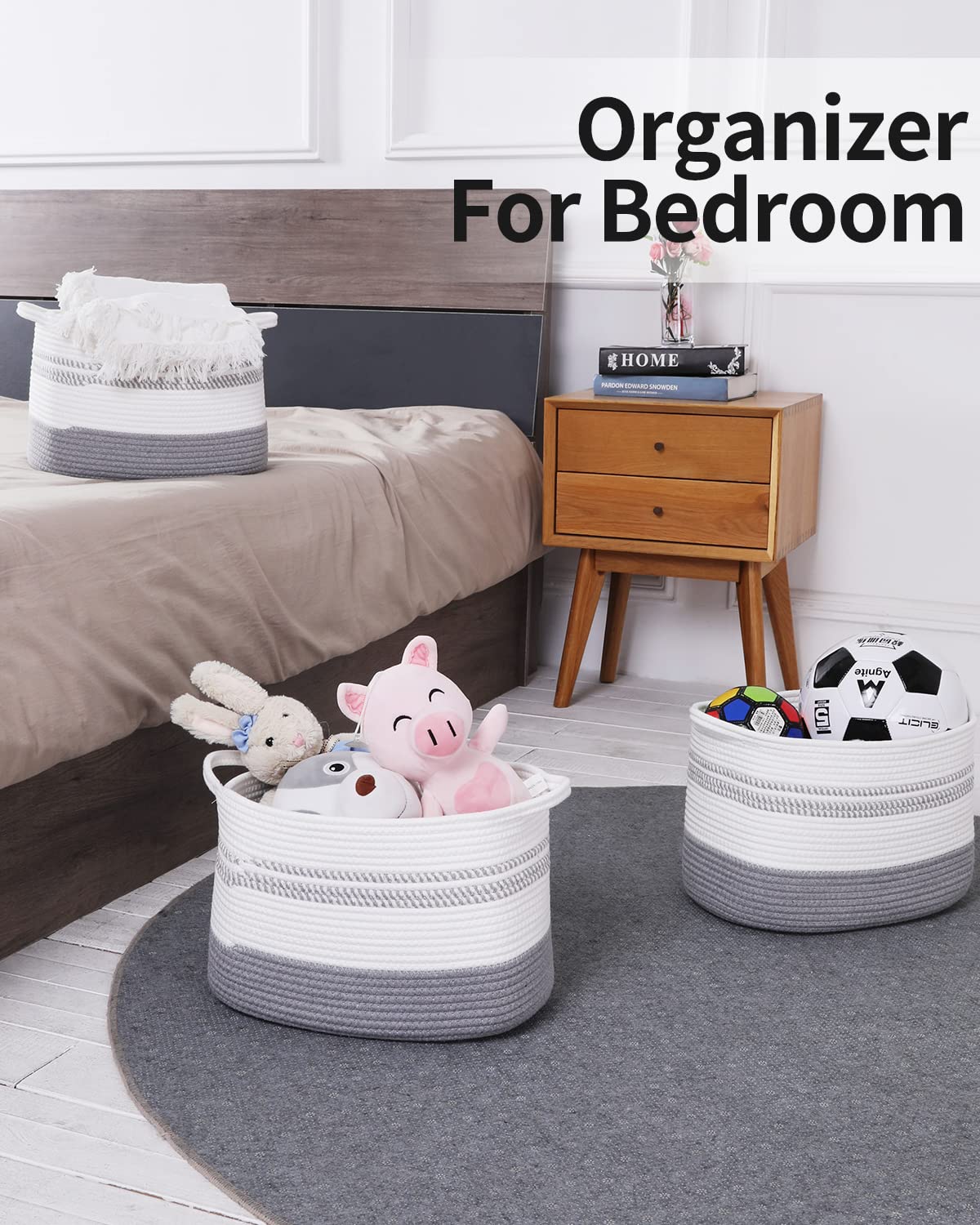 HONIZER Woven Baskets for Storage, 3-Pack Cotton Rope Storage Basket with Handles, Labels, Oval Toy Storage Bins for Cube Organizer, Stuffed Animal Storage Baskets for Shelf, Closet, Bedroom - Grey