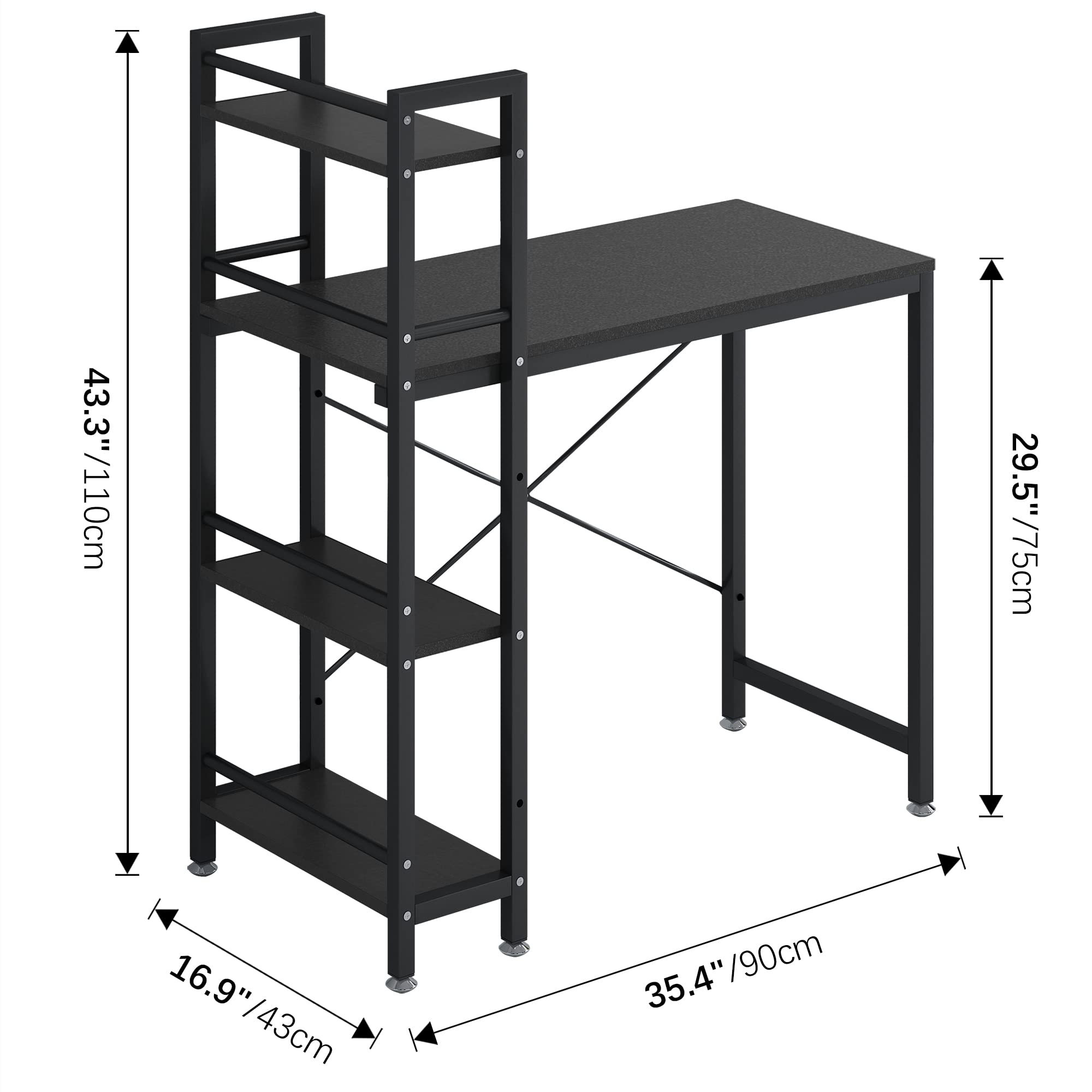 4NM 47" Computer Desk with 4-Tier Bookshelf, Home Office Desk Writing Workstation Study Table Multipurpose for Small Space Work - Rustic Brown and Black