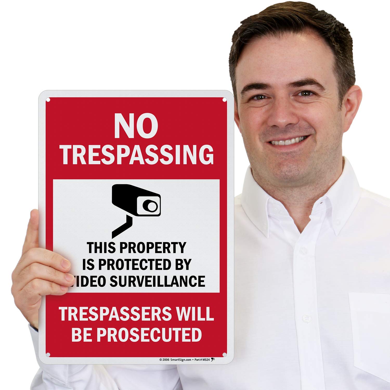 SmartSign 14 x 10 inch “No Trespassing - Property Protected by Surveillance, Trespassers Prosecuted” Metal Sign, 40 mil Aluminum, Engineer Grade Reflective Material, Red, Black and White