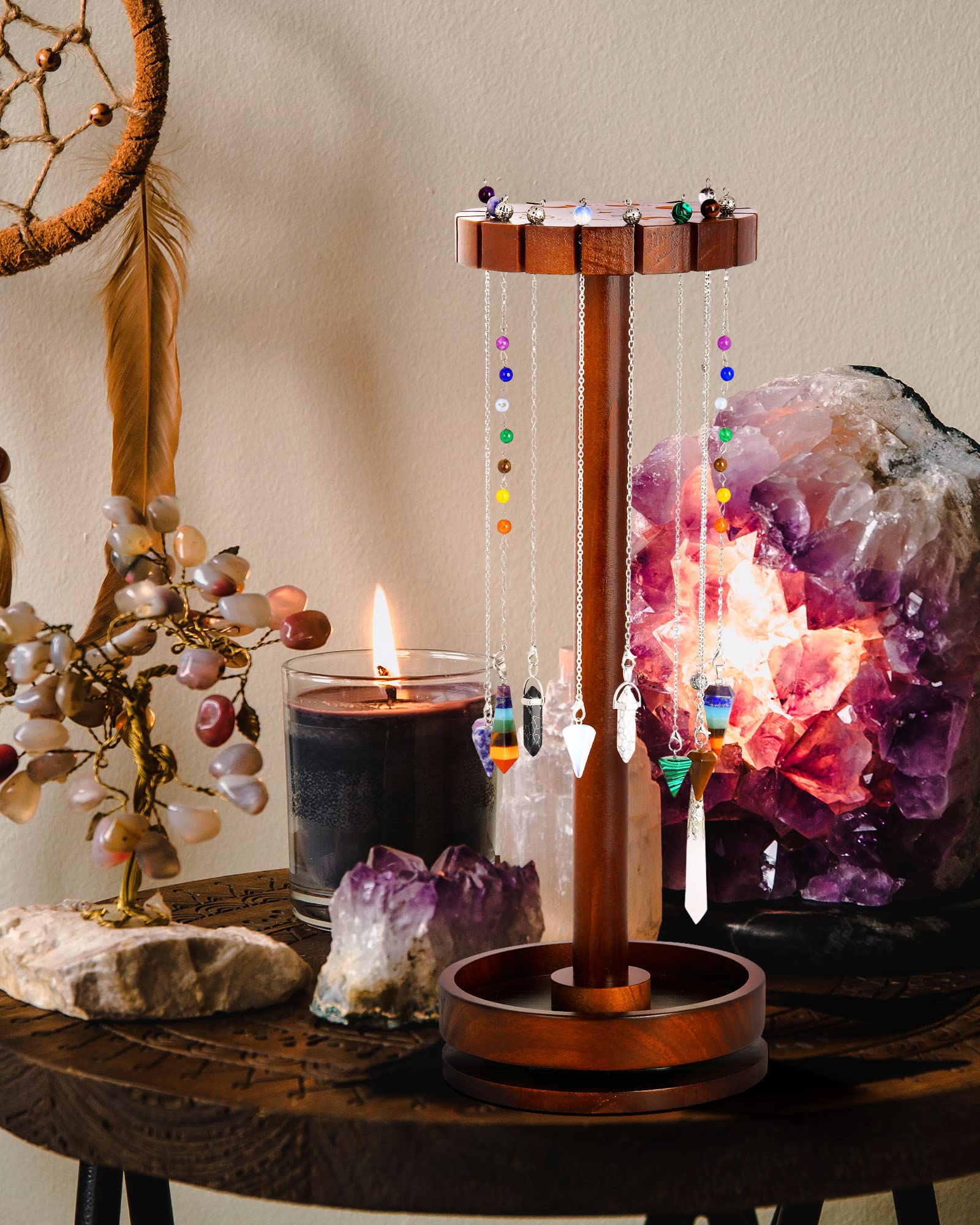 Ceiner Moon Phase Pendulum Display Stand with Tray, Wood Wiccan Rotating Crystal Holder for Up 16 Divination Dowsing Pendulums, Witch Organizer for Necklace Healing Stone Gift Rack