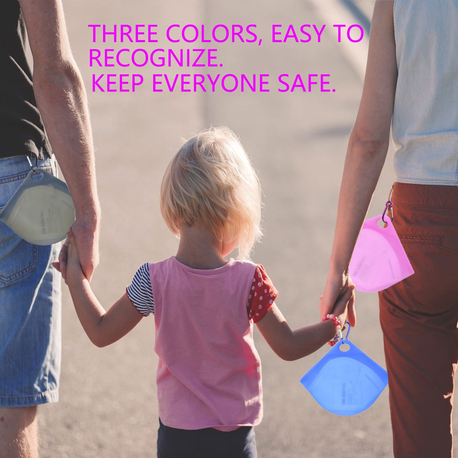3PCS Silicone Face Mask Storage Bag with Hooks, Waterproof Storage Case with Mouth Opening Design, Lightweight Portable Carrying Case, Black&Blue&Light Purple