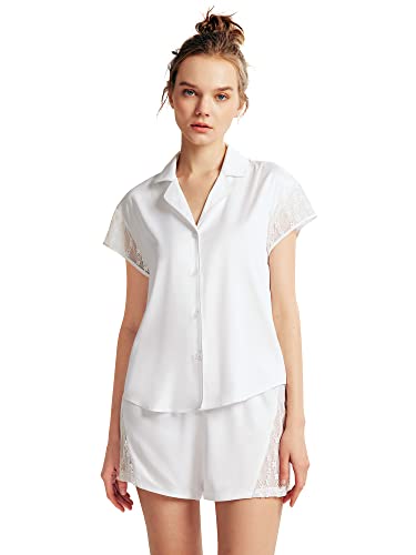 AW BRIDAL White Bride Pajamas Plus Size Silk Pajama Set for Women Short Button Down Pajamas with Patchwork Lace 2Pieces PJ Set, White XL
