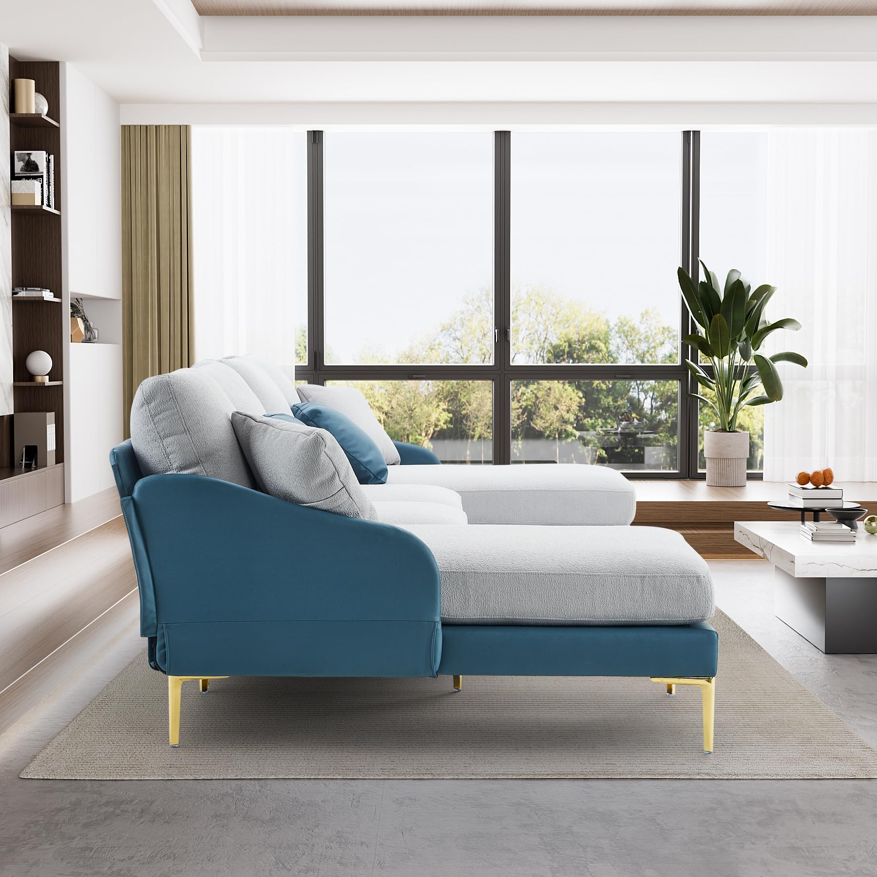 OUYESSIR U Shaped Sectional Sofa Couch, 4 Seat Sofa Set with Double Chaise, 108.5" U-Shaped Modern Fabric Sofa Sleeper with 4 Throw Pillows for Living Room, Blue