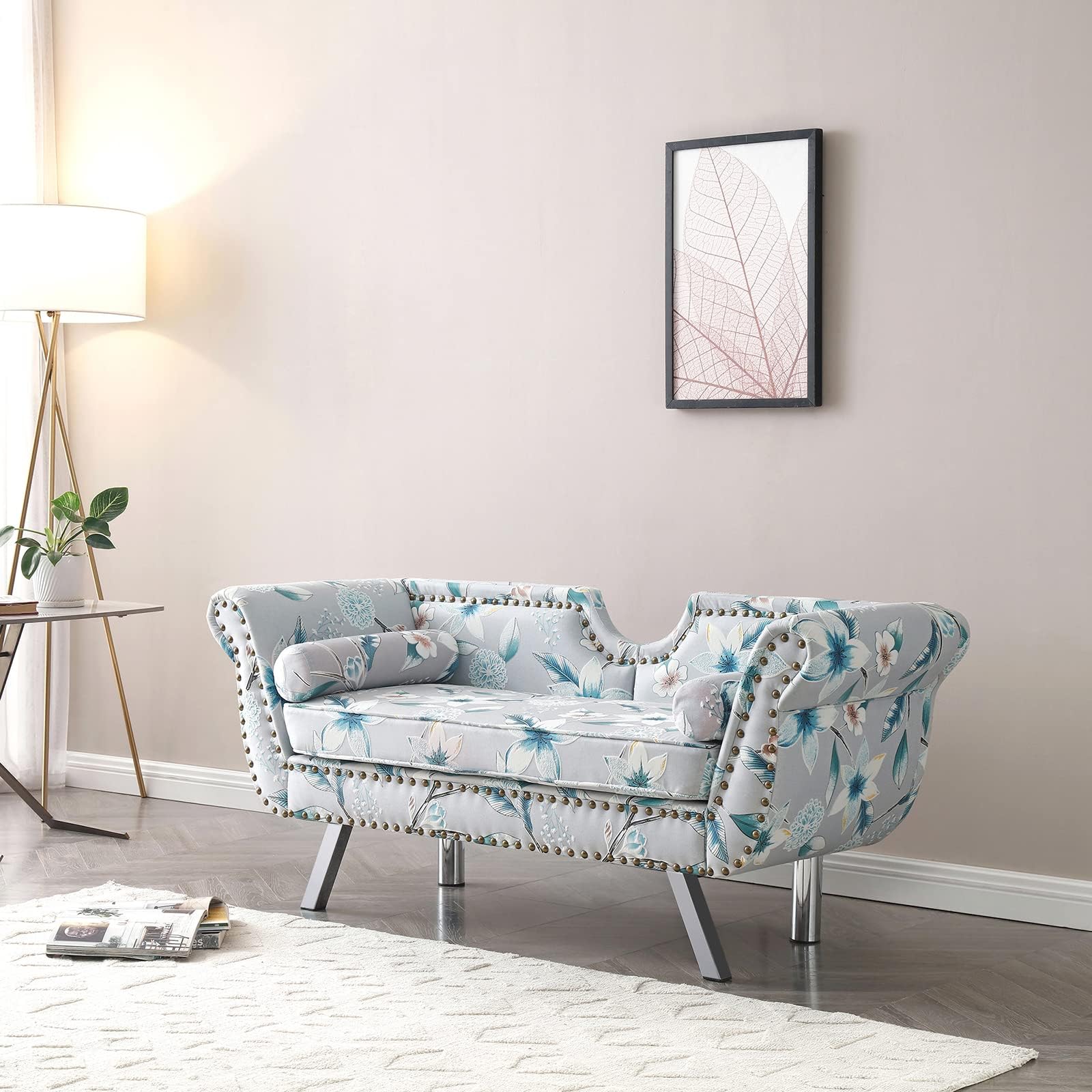 TMEOSK 61”Velvet Loveseat Accent Couch Sofa with 2 Pillows, Modern Upholstered Sleeper Sofa with Removable Cushion and Nailhead Trimming for Living Room Bedroom Apartment (Flower)