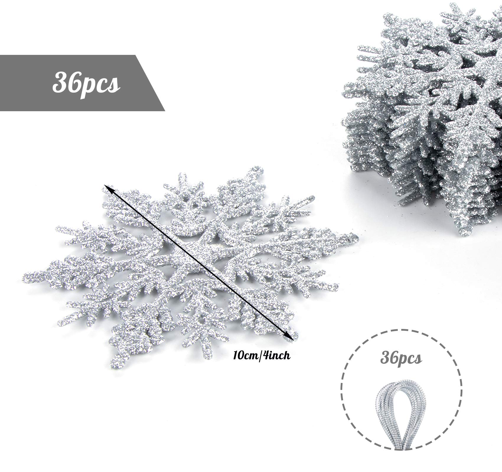 36 pcs Snowflake Ornaments 4 inch Christmas Glitter Snowflake Ornaments with Rope, Sliver Snowflakes Christmas Decorations Perfect for Winter Xmas Tree Decor, Craft, Wedding