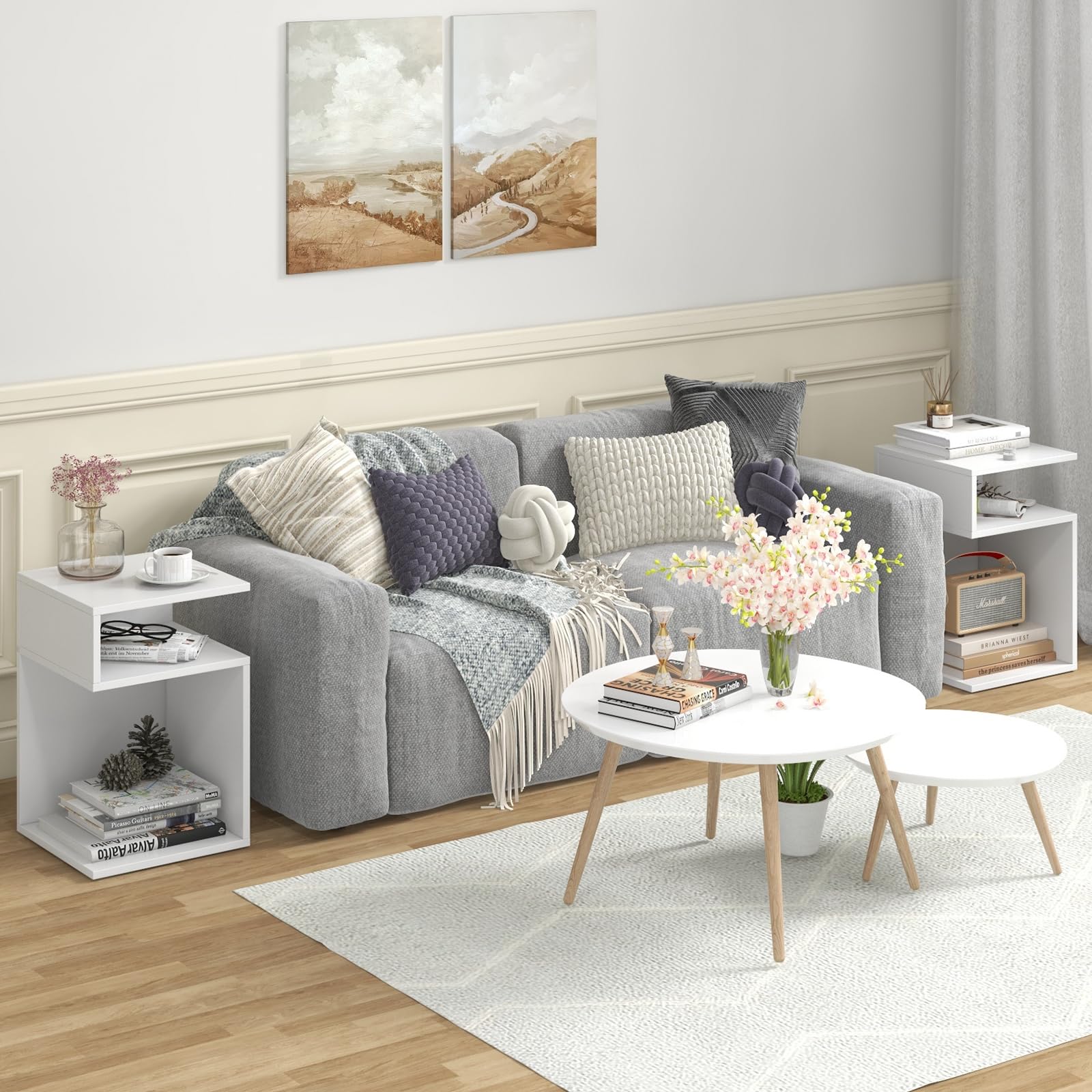 Giantex 3-Tier Side Table Set of 2, S-Shaped End Table with 2 Open Storage Compartments, Wood Narrow Bedside Table, Modern Nightstand for Bedroom, Living Room, Small Spaces, Easy Assembly, White