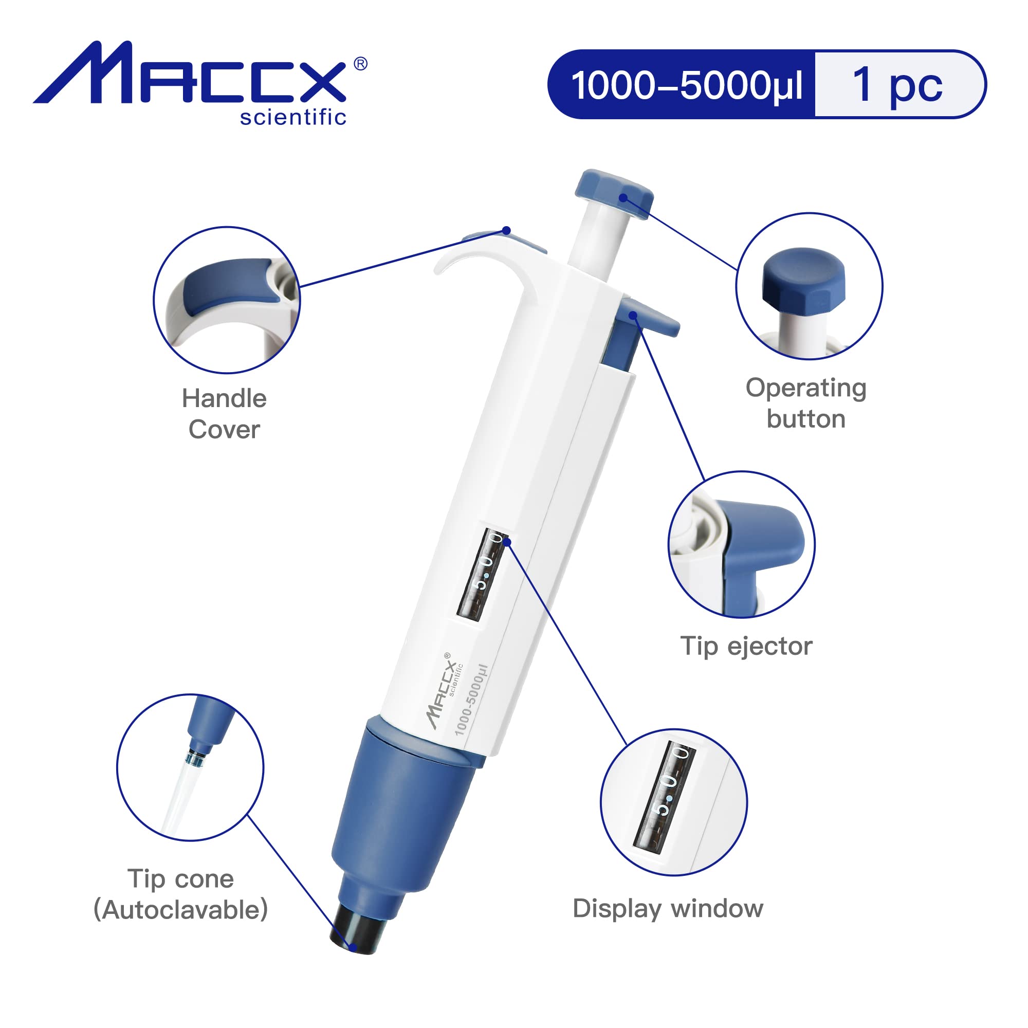 Maccx 1000-5000μl MicroPipette, Single-Channel Pipettor, High Accurate Calibrated Pipettes,Adjustable Volume,TMP5K-001