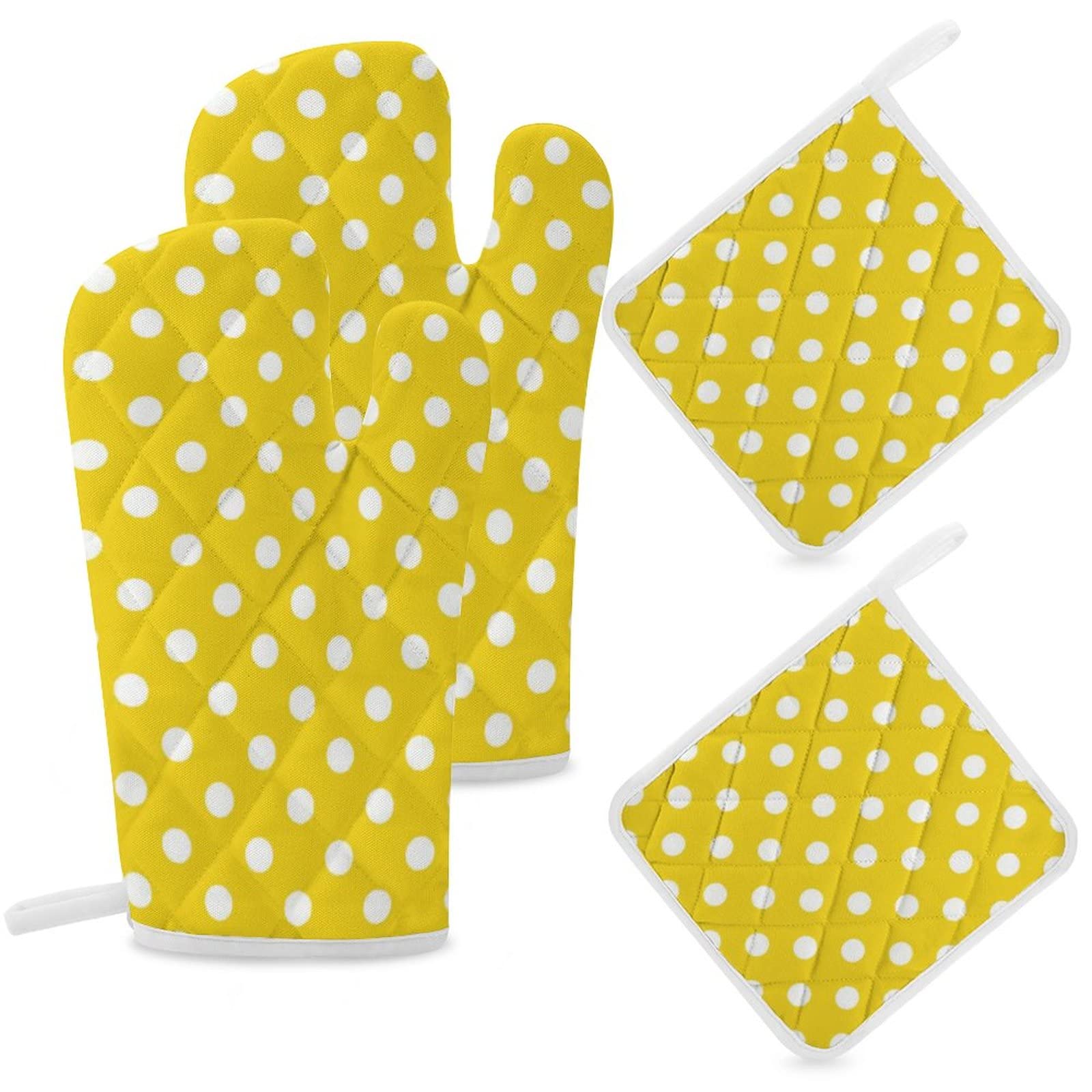 4PCS Oven Mitts Glove Kitchen Heat Resistant Pot Holders Set Lemon Yellow Polka Dot Pattern Kitchen Microwave Oven Gloves Mitts Anti-Scald Baking Cooking Gloves