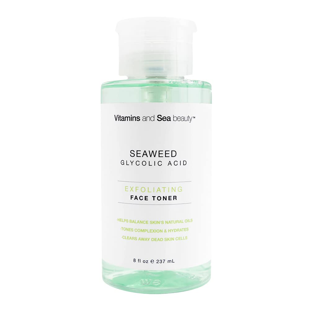 Vitamins and Sea Beauty, Exfoliating Face Toner with Glycolic Acid and Seaweed, Oil Control Facial PH Balancing Dead Skin Pore Minimizer, All Skin Types, 8 Fl Oz