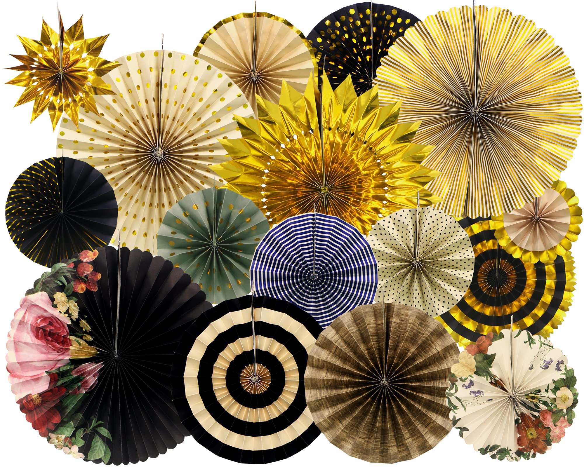 ADLKGG Party Hanging Paper Fans Set, Black Gold Round Pattern Paper Garlands Decoration for Birthday Wedding Bridal shower Graduation Events Accessories, Set of 16