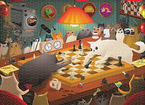 Cats Playing Chess Jigsaw Puzzle by Exploding Kittens - 1000 Pieces, Ideal for Adults, Teens, and Kids - A Funny and Artistic Cat-Themed Puzzle