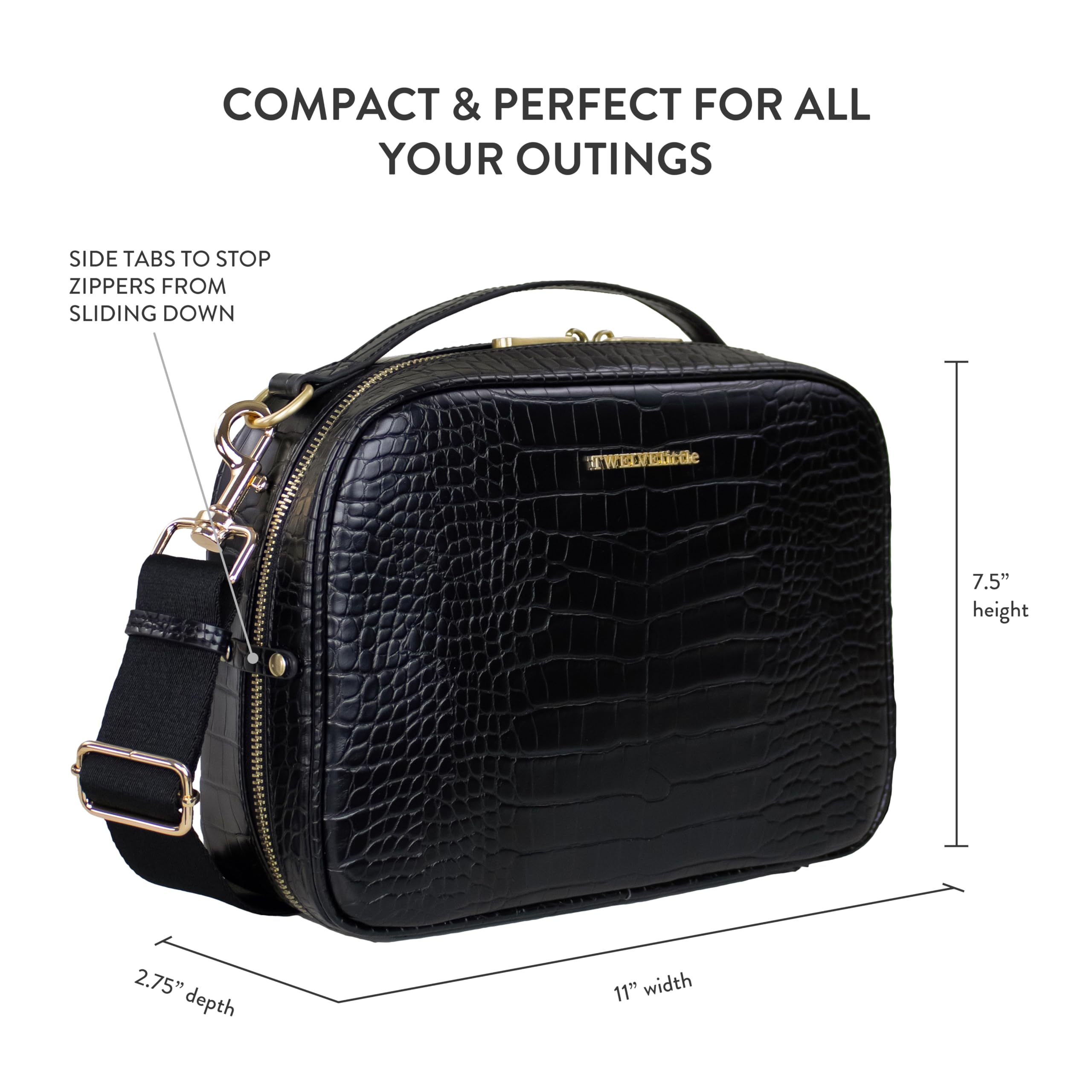 TWELVElittle Luxe Diaper Clutch - Crossbody Diaper Bag includes Portable Changing Pad, Zip Out Pouch organizer and Wipes Case Black Croc