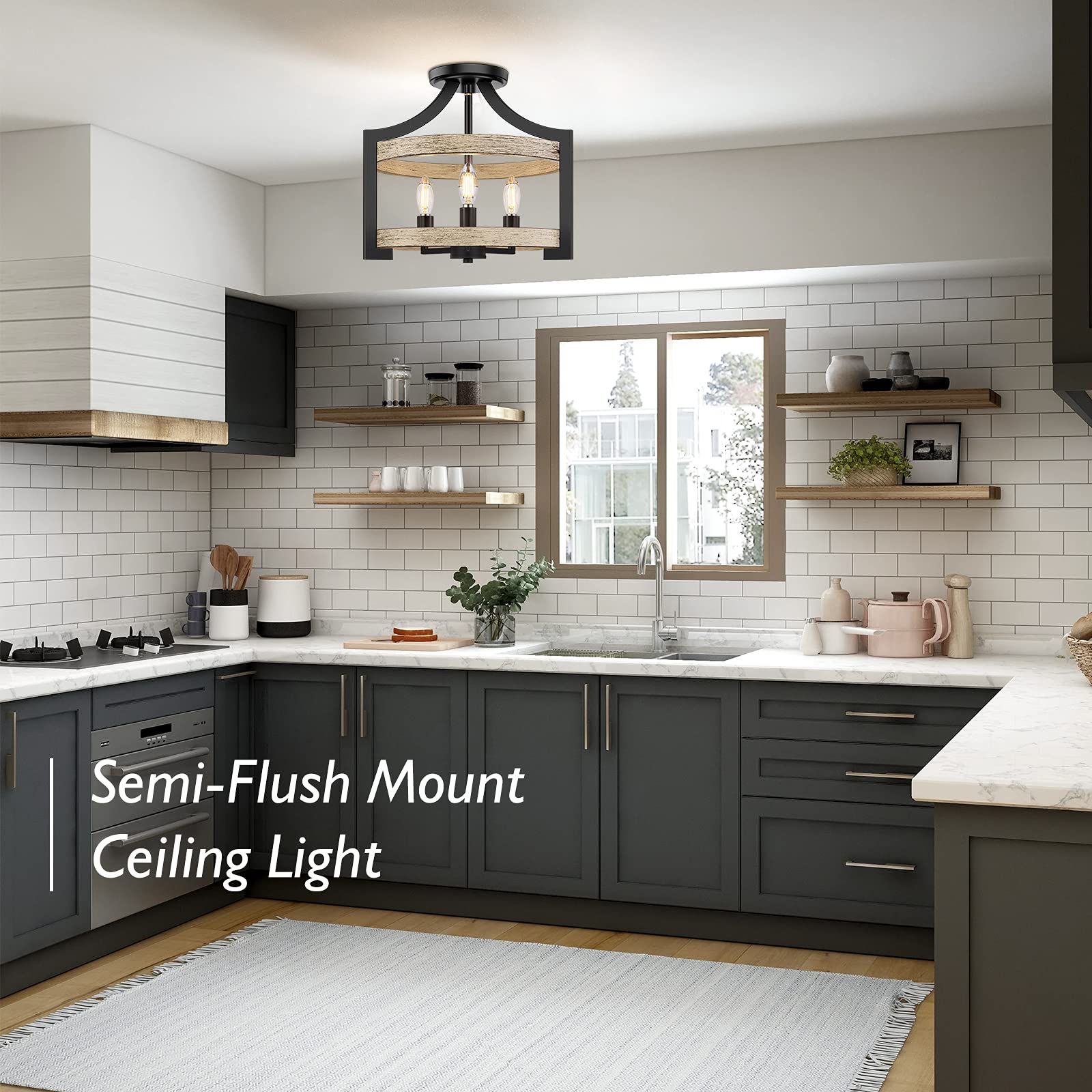 3-Light Rustic Farmhouse Pendant Hanging Light Adjustable Height Max 68in, Convertible Vintage Semi Flush Mount Ceiling Light Fixture Black Metal Chandelier White Birch Wood Finish Kitchen Dining Room