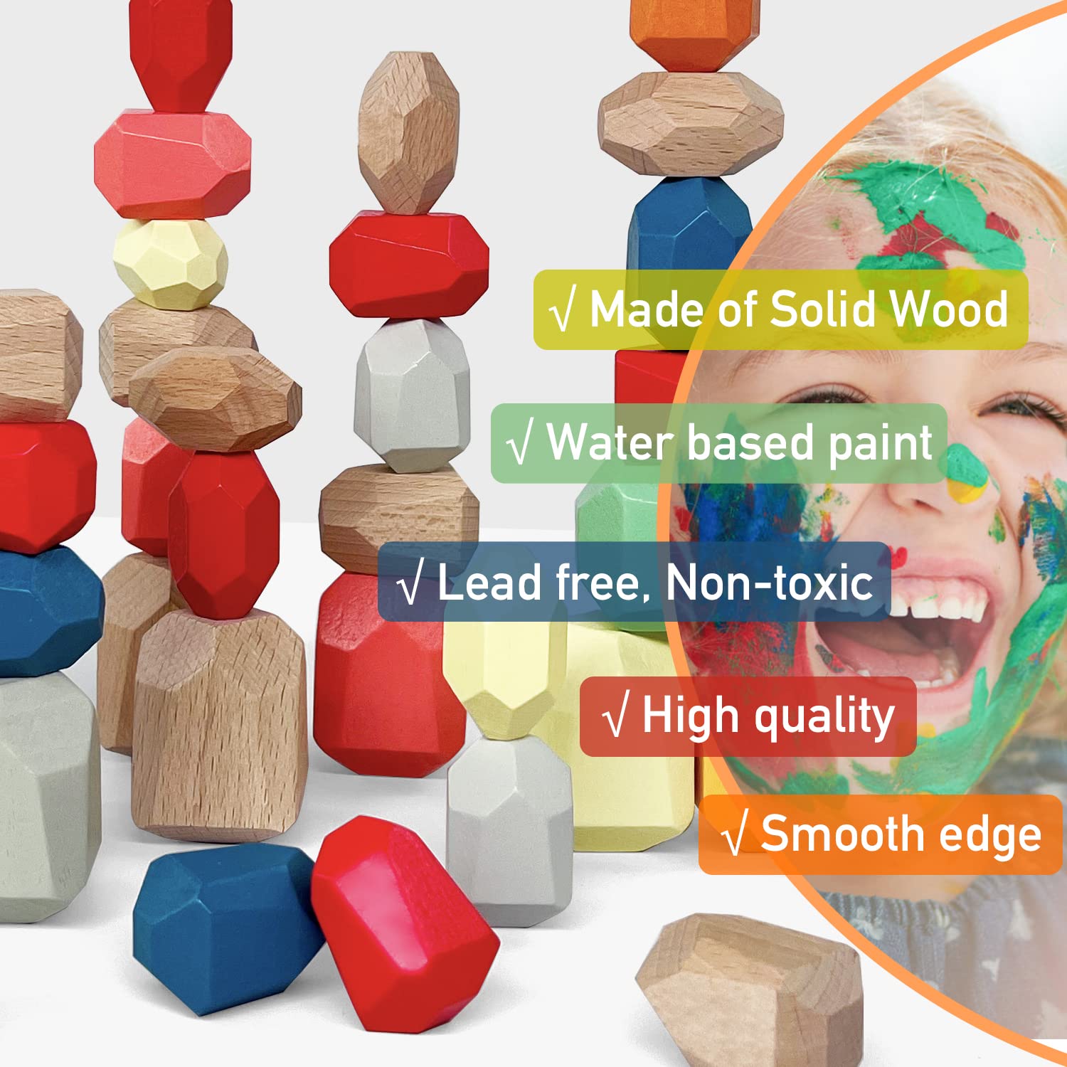 Celarlo 42 Pieces Wooden Sorting Stacking Balancing Stone Rocks Games, Wood Building Blocks Set, Educational Preschool Learning Toys, Lightweight Puzzle Set Gift for Kids