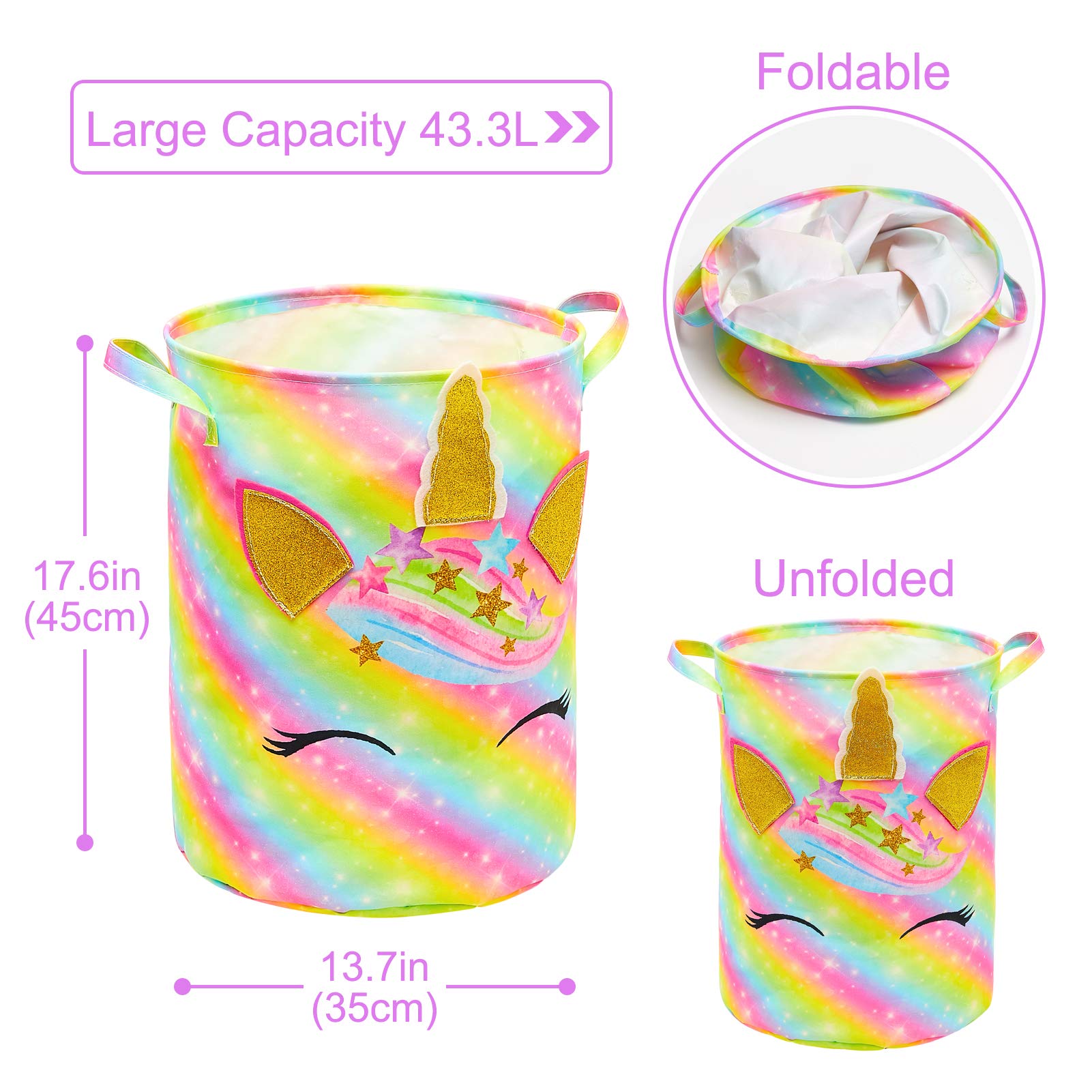 FIOBEE Unicorn Laundry Basket Rainbow Storage Bins Waterproof Nursery Hamper Canvas Toy Organizer for Kids Girls Bedroom Clothes