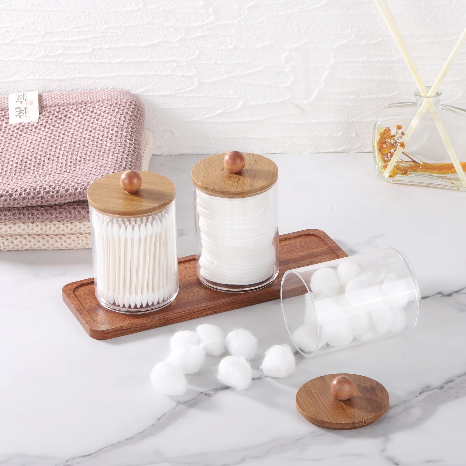 Tbestmax 10oz Qtip Holder Cotton Swab/Ball/Pad Holder with Vanity Tray, Clear Bathroom Containers Dispenser for Storage 3 Pack Wood Lids