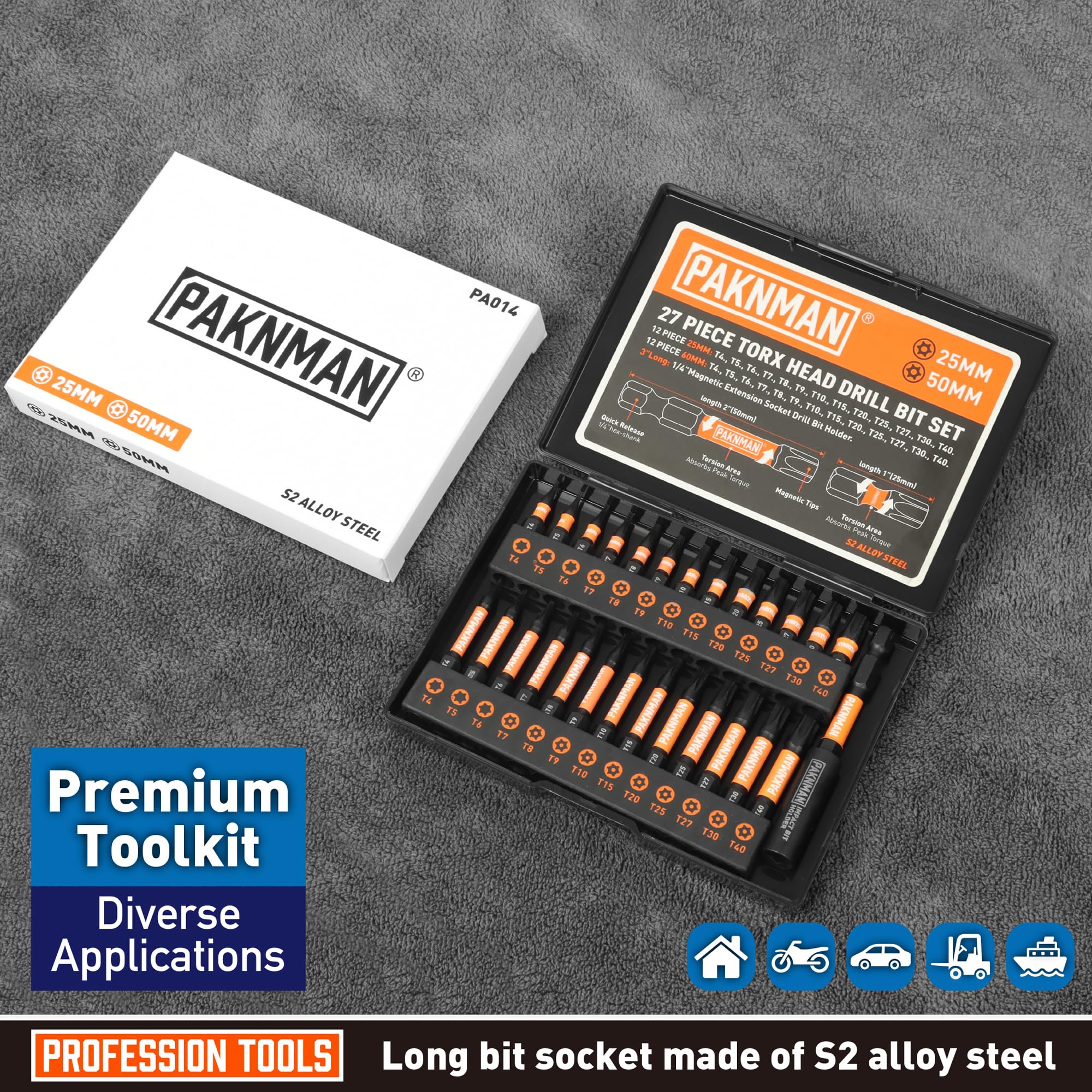 PAKNMAN 27-Piece Torx Bit Set, 1/4”Magnetic Extension, T4 - T40, S2 Steel, 1/4 Hex-Shank Security Torx Bit Set, 1” & 2” Long with Magnetic Impact Bit Holder and Storage Box