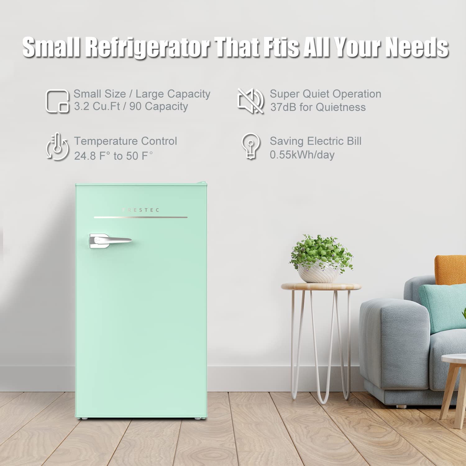 Frestec Mini Fridge with Freezer,Small Refrigerator,Mini Fridge for Bedroom,3.1 Cu Ft Single Door Compact,Energy Saving,Low Noise,Mini Fridge for Office (Retro Green with Handle)