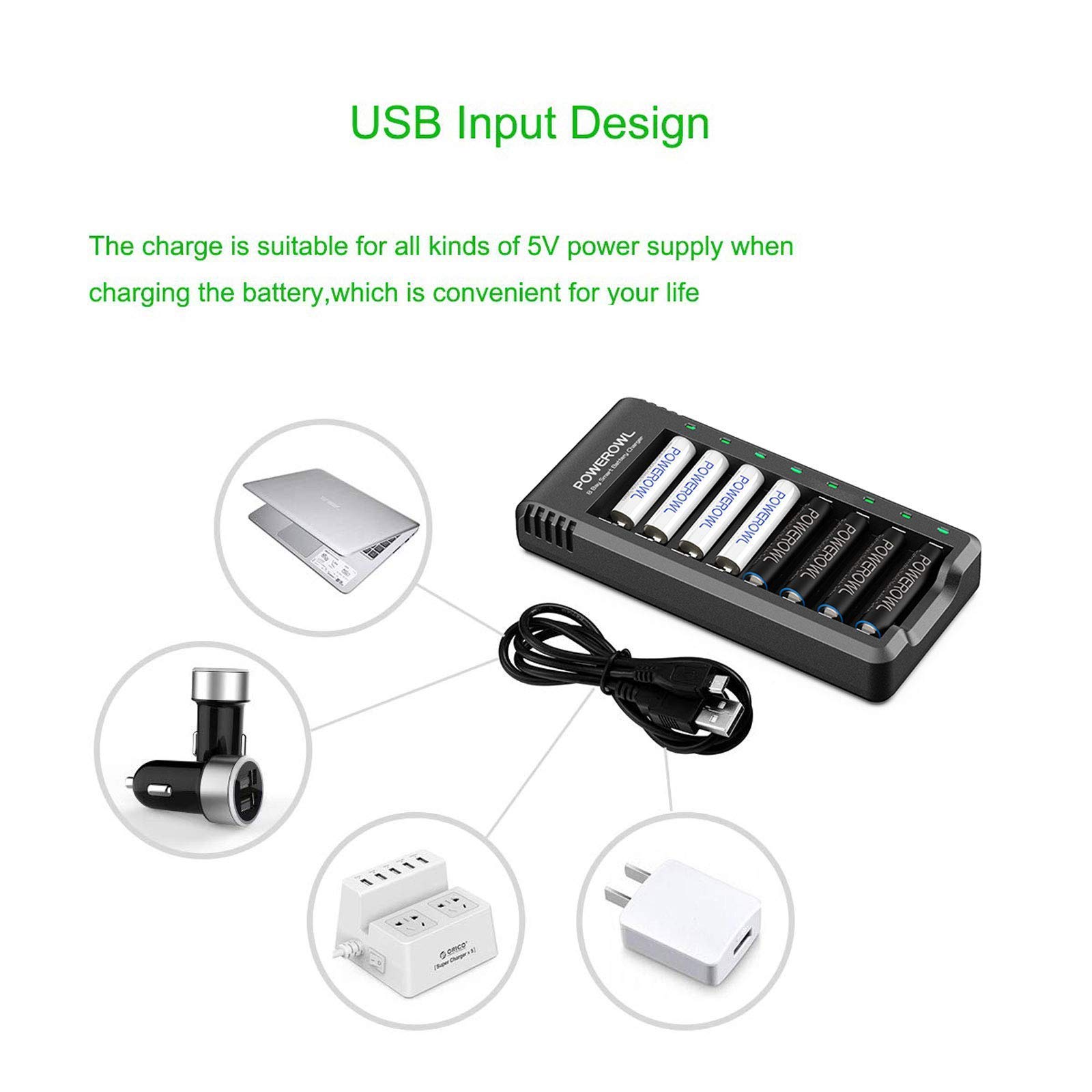 POWEROWL 8 Bay AA AAA Battery Charger (USB High-Speed Charging, Independent Slot)+2800mAh & 1000mAh 1.2V NiMH Battery 16 Packs