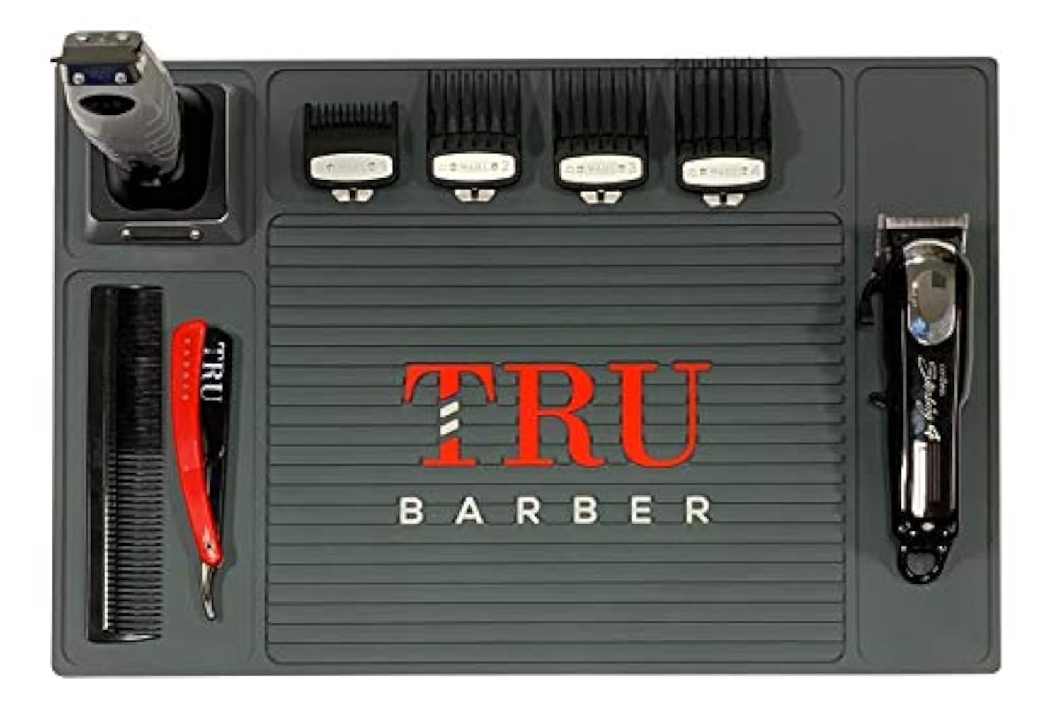 TRU BARBER Organizer Mat 18" X 13" (Charcoal Grey) Flexible PVC Station Mat, Salon Barbershop work station pads, Beauty salon tools, Counter mat for clippers, anti slip