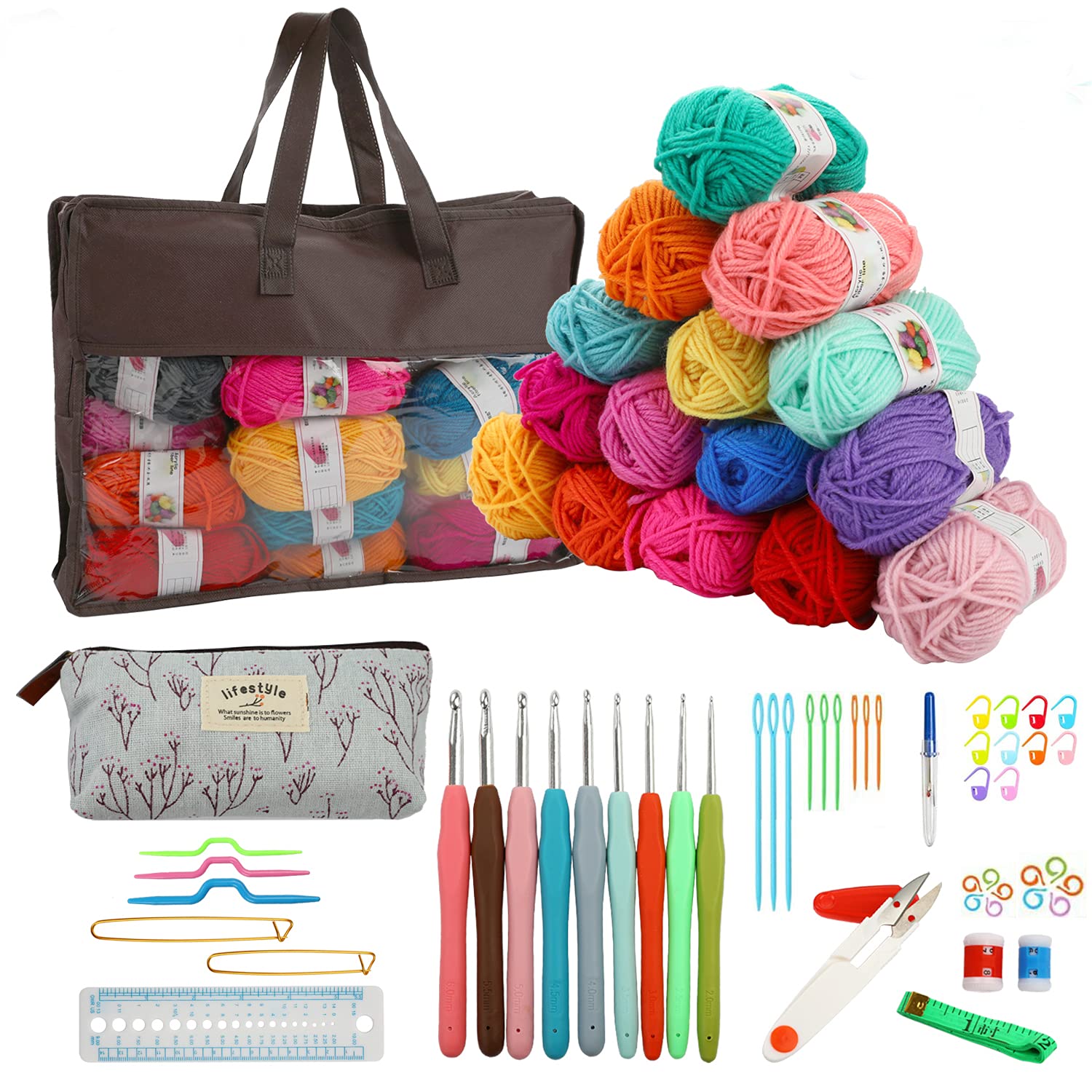 75 Pcs Crochet Kit with Yarn Set Crochet kit for Beginners Crochet Yarn Set Including 24 Acrylic Yarn Skeins Crochet Hooks Needles Handmade Yarn Knitting Crochet Kit for Beginners and Professional