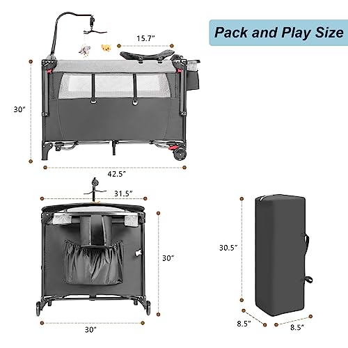 5-in-1 Pack and Play, Baby Bassinet Bedside Sleeper with U-Shaped Diaper Changer, Portable Baby Playard for Newborn Toddlers, Baby Crib with 4 Adjustable Height, Carry Bag, Easy to Install