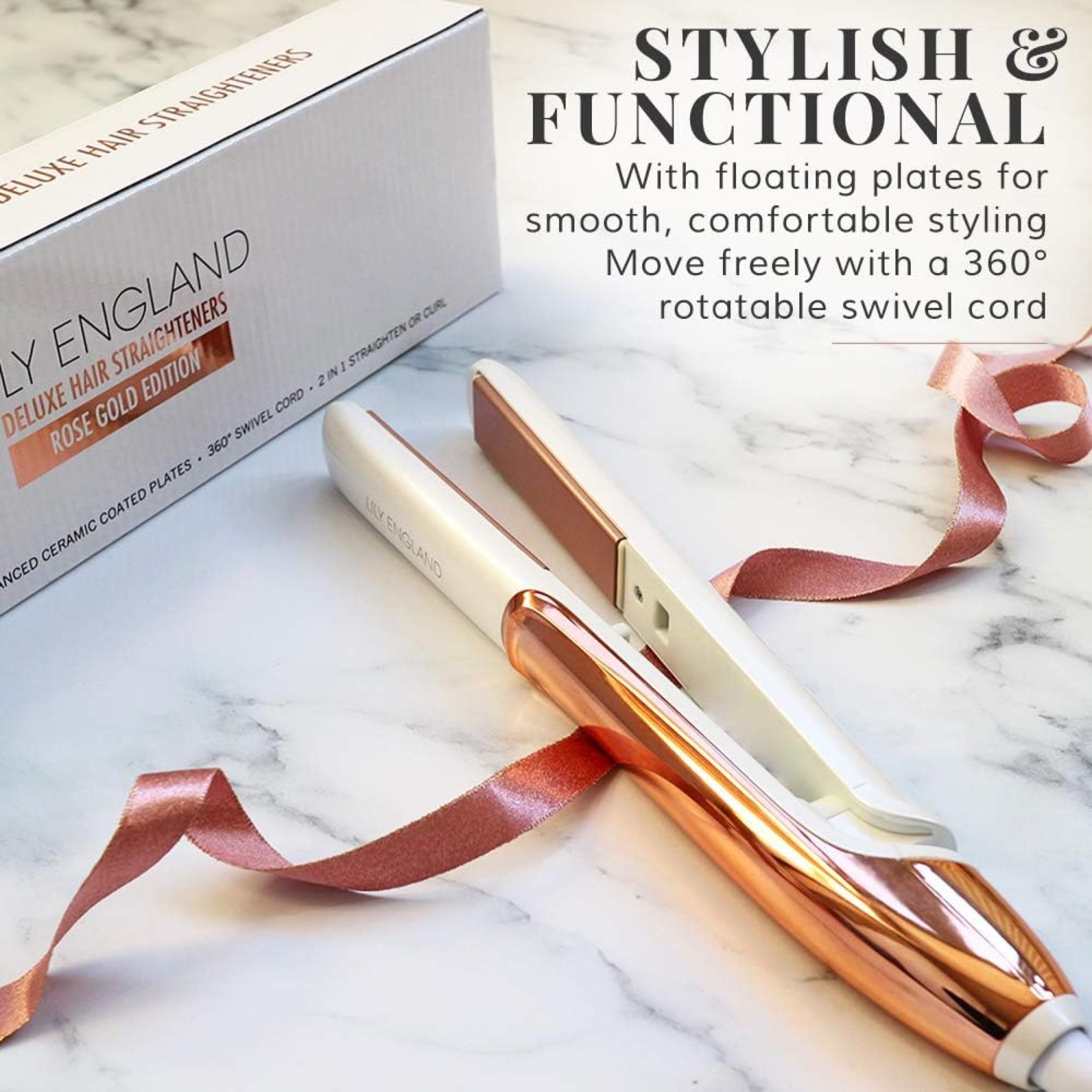 Lily England Hair Straightener and Curler, Adjustable Temperature, Dual Voltage 1 Inch Ceramic Rose Gold Flat Iron, Hair Straightener Curling Iron in One