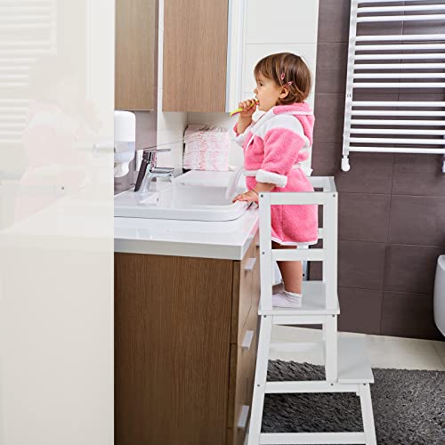 Costzon Kids Kitchen Step Stool with Safety Rail, 2 in 1 Solid Wood Montessori Learning Stool Standing Helper for Kitchen Counter, 2-Tier Seat Stool for Toddlers 18 Months-5 Years Old, White