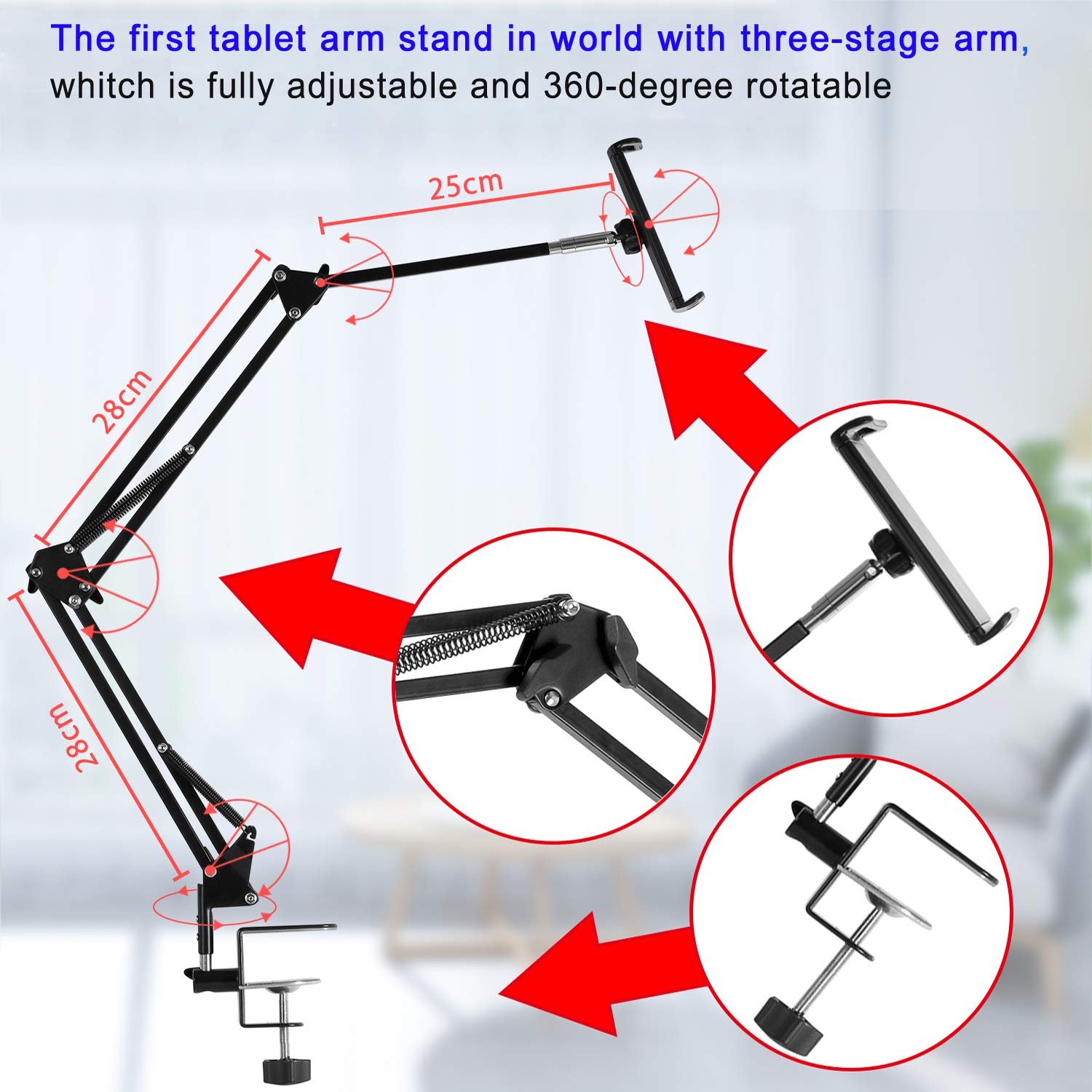 Tablet Stand Adjustable,Foldable Tablet Stand for Bed,Aluminum Universal Flexible Tablet Holder with 360 Degree Rotation Compatible with iPad/iPhoneX/iPad Pro/N-Switch,or Other 4.5~12.9 Inches Devices