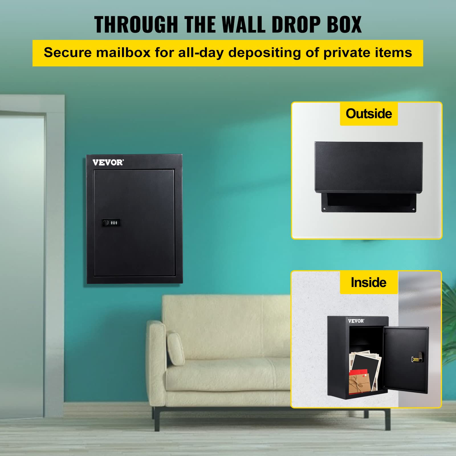 VEVOR Through The Wall Drop Box, 12.5''x6.3''x16.9'' Mail Drop Box w/Adjustable Chute, Deposit Drop Box w/Code Lock, Rainproof Wall Mount Mailbox for Letters, Rents, Check & Keys, Home & Office, Black