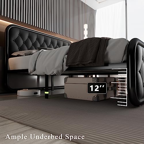 Feonase King Bed Frame with Rhombus Button Tufted, Oval-Shaped Metal Platform Bed with Faux Leather Headboard, Strong Slats Support, 12" Under-Bed Storage, Noise-Free, Easy Assembly, Black