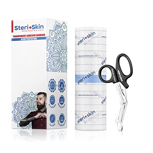 Tattoo Bandage Aftercare Healing Wrap, 6”x 40”, Transparent Sanitary Film Flexible and Breathable Adhesive Waterproof Dressing Tape for Second Skin Derm Protection and Recovery, Scissors Included…