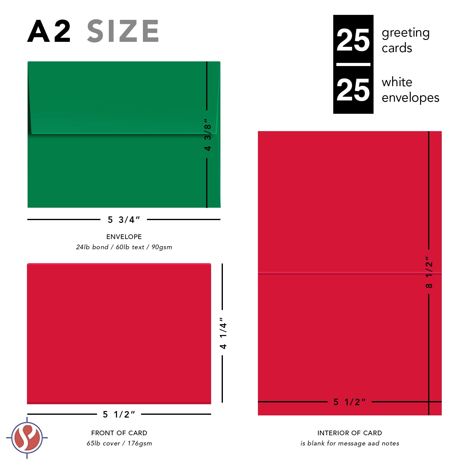 Blank Red A2 (4.25" x 5.5") Cards with Green Envelopes β Great for Customized and Personalized Holiday, Christmas and New Year Greetings, Party Invitations, Thank You Cards and Announcements β 25 SETS