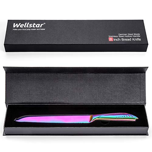 WELLSTAR Bread Knife 8 Inch, Serrated Bread Cutter, Ultra Sharp German Stainless Steel Blade and Comfortable Handle with Rainbow Titanium Coated for Slicing Breads Loaves Bagel Cake and Large Fruit
