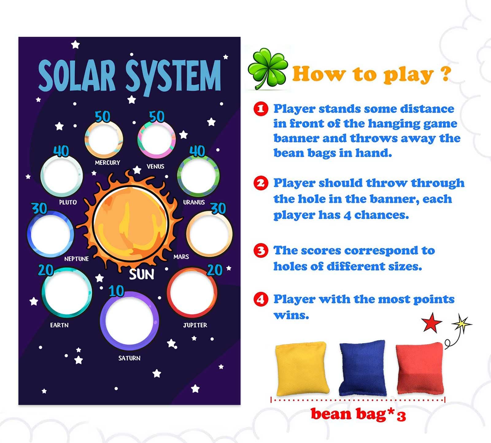 Solar System Science Toss Games Banner Backdrop Outer Space 9 Planets Universe Galaxy Theme Decor Decorations for Indoor Outdoor Boy Girl 1st Birthday Party Baby Shower Supplies Favors Background