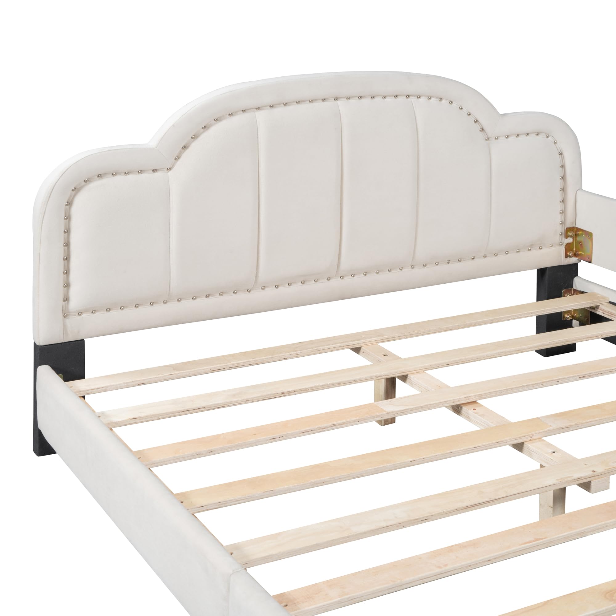 P PURLOVE Full Size Upholstered Daybed with Headboard,Velvet Platform Bed with Rails and Slat,Low Profile Single Daybed for Girls Boys,Beige