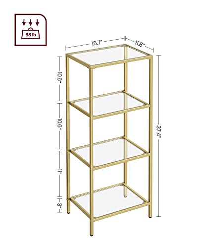 VASAGLE Bookcase, 4-Tier Bookshelf, Slim Shelving Unit for Bedroom, Bathroom, Home Office, Tempered Glass, Steel Frame, Gold Color ULGT28G
