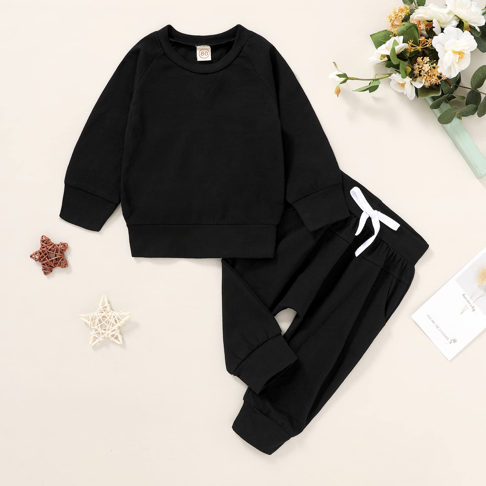 Happy Town Fall Outfits for Toddler Girl Boy Long Sleeve Top and Long Pants Set Toddler Sweatsuits (Solid Color Black, 3-4 T)