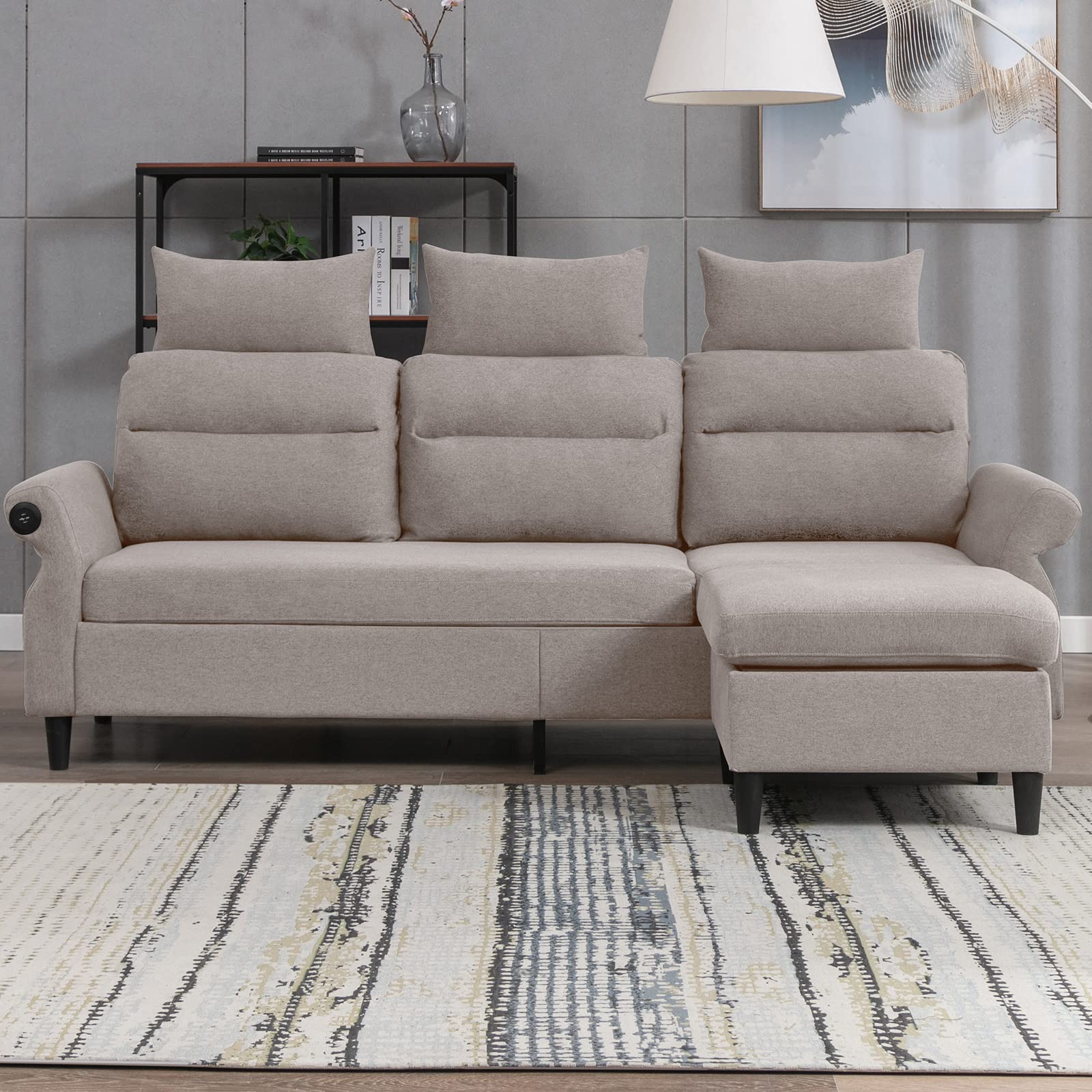 Mjkone Convertible Sectional Sofa Couch, 3 Seat L Shaped Headrest Sofa with 2 USB Ports and Adjustable Armrest, 88" W Modular Sectional Sofa Set with Storage Ottoman for Living Room, Beige