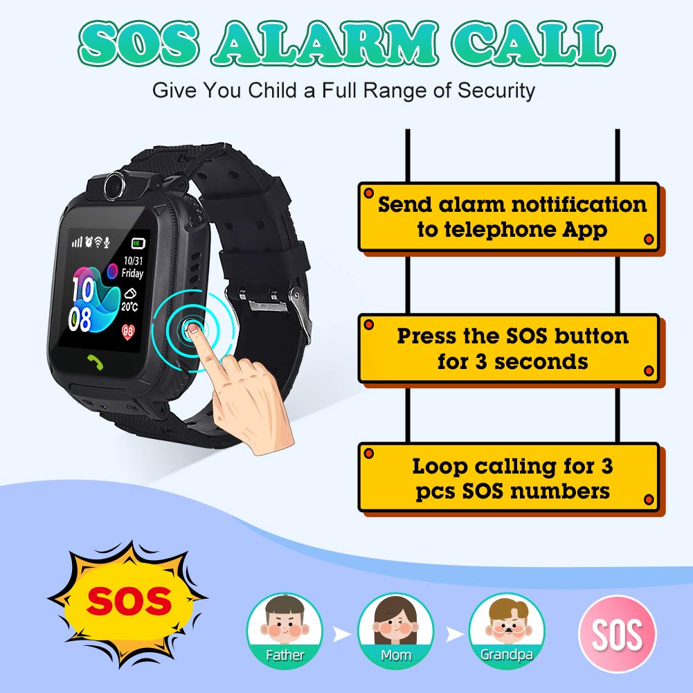 Kids Smart Watch, IP67 Waterproof LBS Positioning Watch HD Touch Screen, with SOS Two-Way Call Clock Camera SIM Card Slot Compatible with iOS and Android(Black)