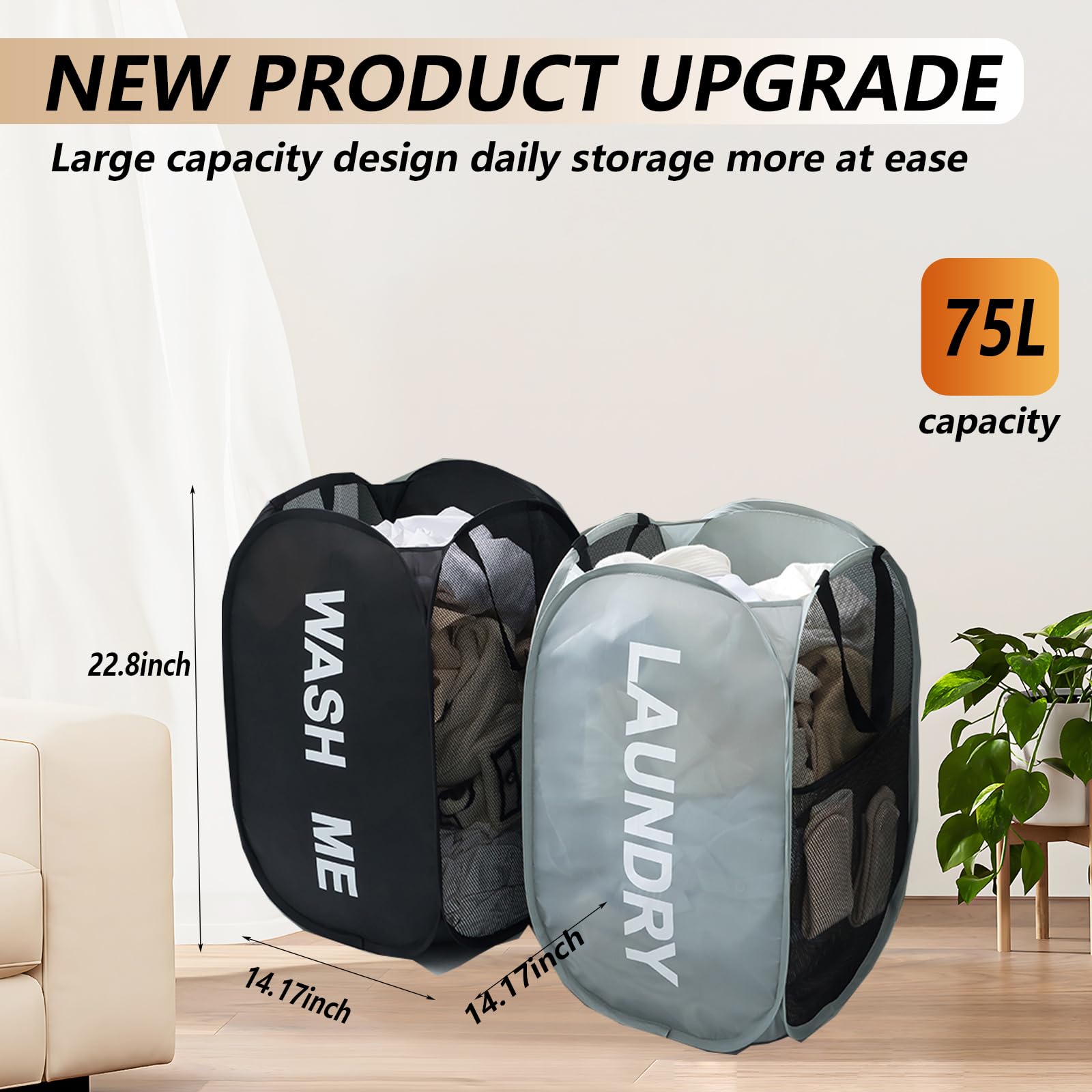 75L 2pcs Pop-Up Laundry Basket - Mesh Pop-Up Dirty Laundry Basket with Side Pockets for Space Saving - Portable and Versatile Laundry Storage Organizer for Bathroom and Home (gray+black)