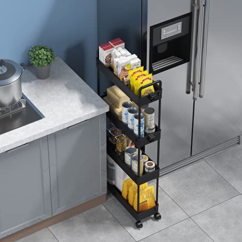 SOLEJAZZ Slim Storage Cart, 4 Tier Bathroom Organizer Mobile Shelving Unit, Rolling Utility Cart Slide Out Organizer for Kitchen, Bathroom, Laundry, Narrow Places, Black