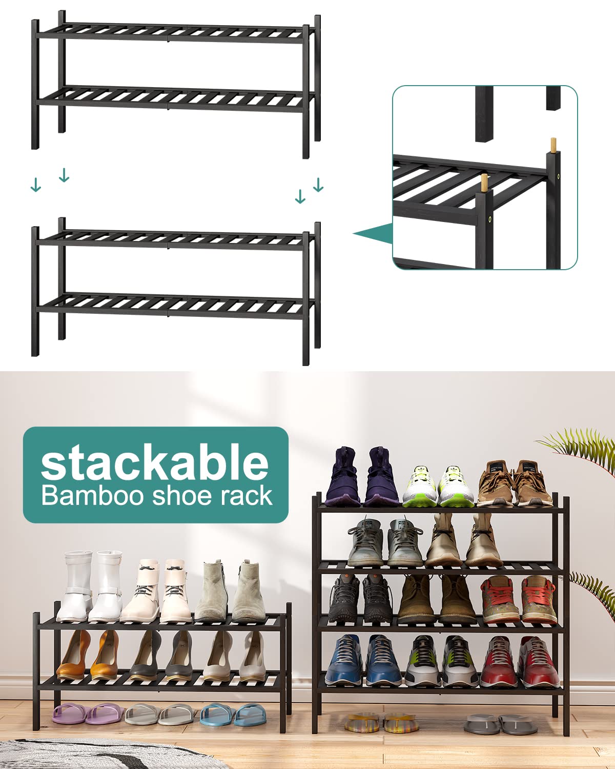 2-Tier Black Bamboo Shoe Rack for Entryway, Stackable | Foldable | Natural, Shoe Shelf Storage Organizer for Hallway Closet, Free Standing Shoe Racks for Indoor Outdoor