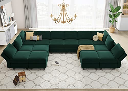 Belffin Oversized Modular sectional Sofa with Double Chaises U Shaped Sectional Sleeper Sofa Couch Reversible Sectional Sofa with Storage Velvet Green