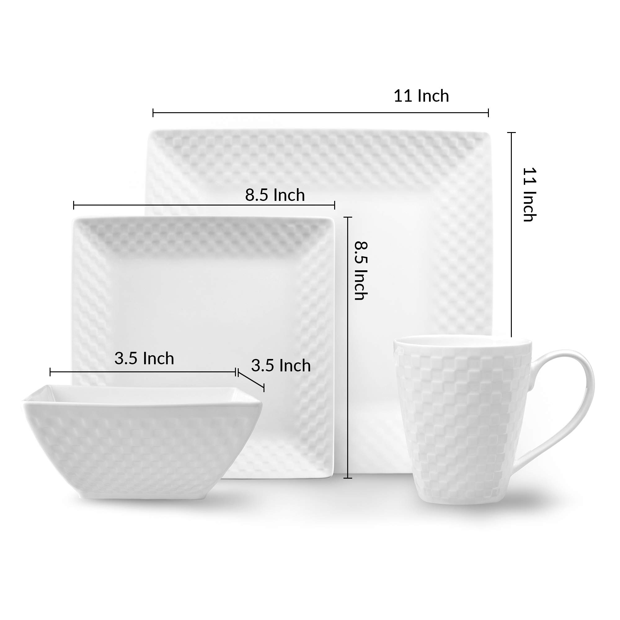 32 Pc. Square Basketweave Porcelain Dishes Set β White Dinner Plates, Bowls, Coffee Cups