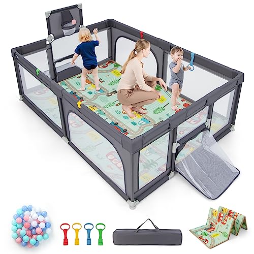 Costzon Large Baby Playpen with Mat, Playpen for Babies and Toddlers w/Basketball Hoop & Soccer Nets, Pull Rings & Ocean Balls, Zippered Gates, Portable Indoor Safety Sturdy Play Yard (Dark Gray)