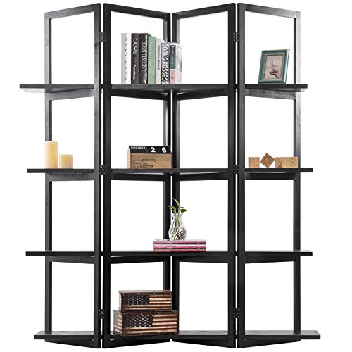 MyGift 4-Panel Open Bookcase Black Wood Room Divider with 4 Shelves